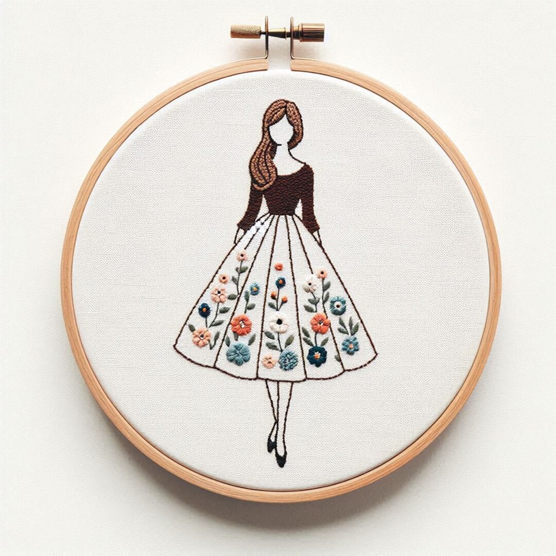 Young Lady With Elegant Dress With Flowers Hand Embroidery Pattern ...