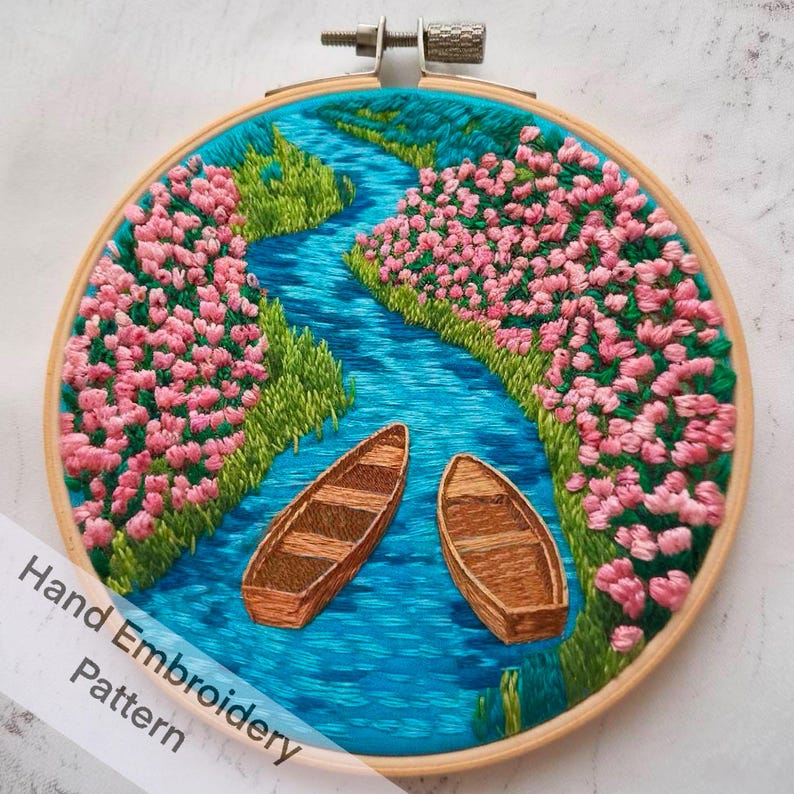 Printable Two Boats on Beautiful River Hand Embroidery Patterns Digital ...