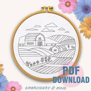 Landscape Embroidery Pattern, Abstract Fields and Flowers Hand ...