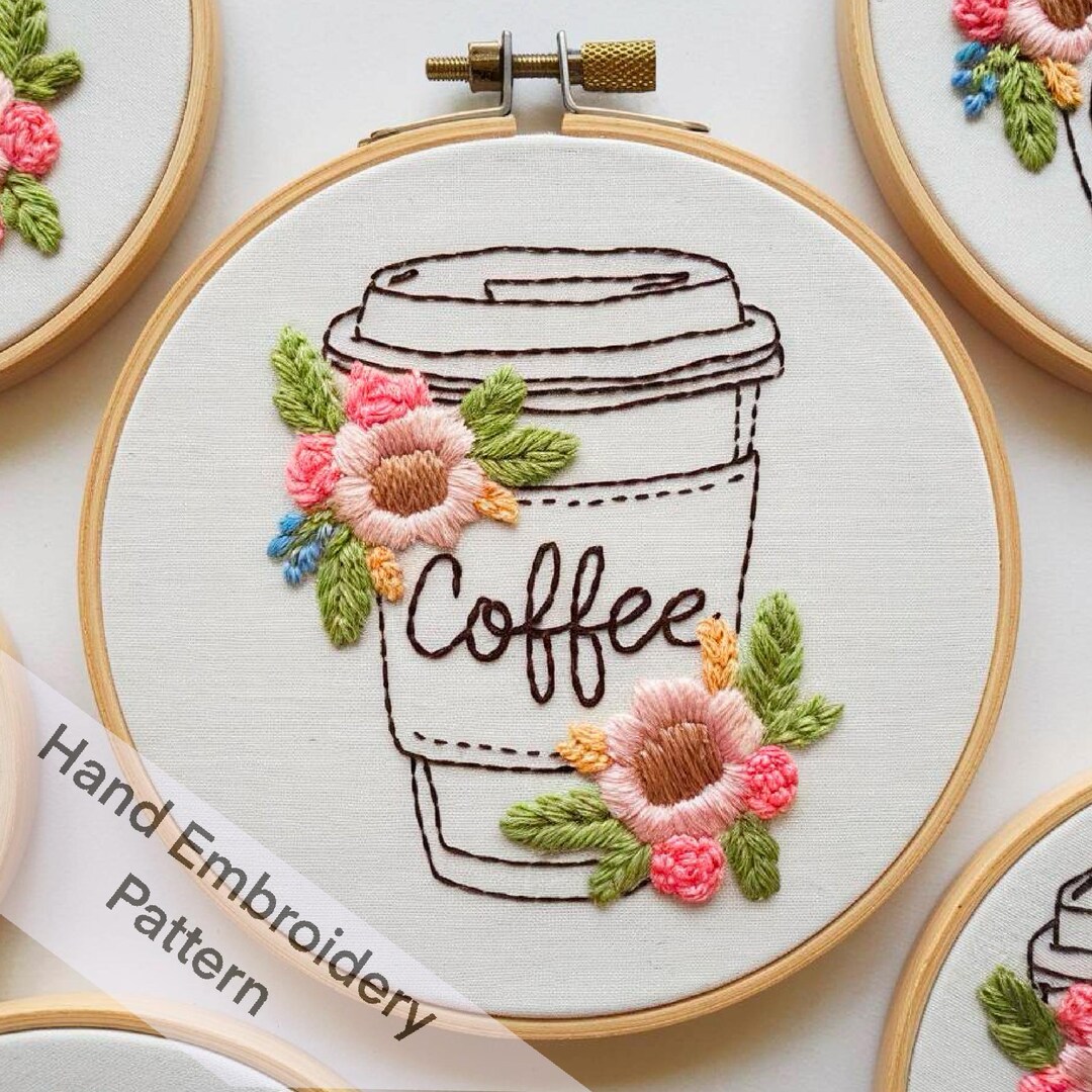 Printable Cool Coffee Cup With Floral Hand Embroidery Pattern Design ...