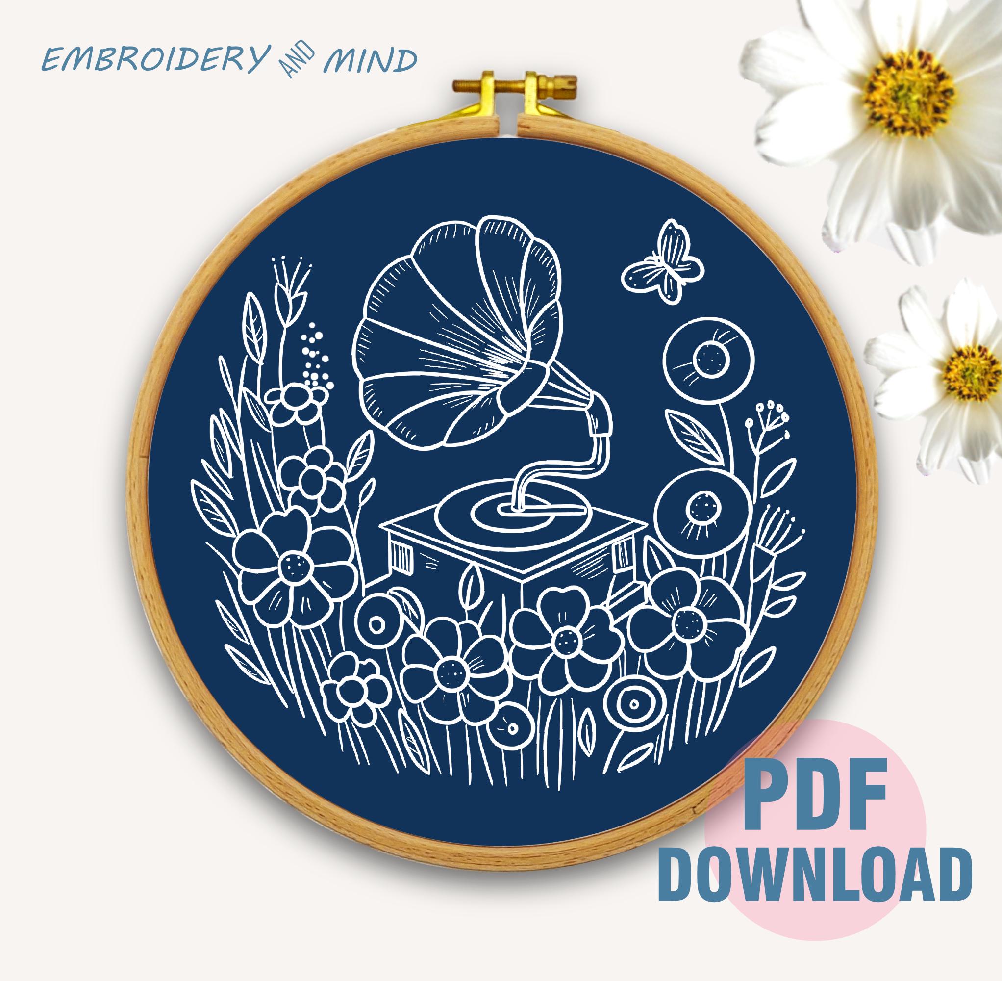 Printable Vintage Gramophone With Flowers Around Hand Embroidery ...