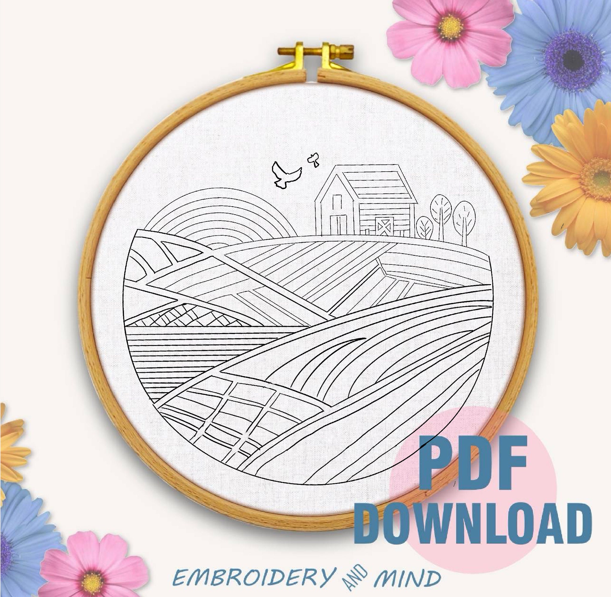 Landscape Embroidery Pattern, Abstract Fields Hand Embroidery PDF ...
