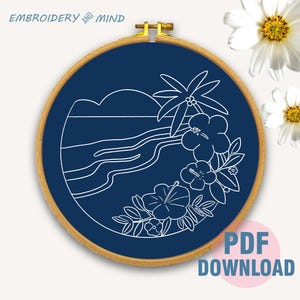 Printable Tropical Landscape Sea Ocean Hand Embroidery Pattern Summer ...