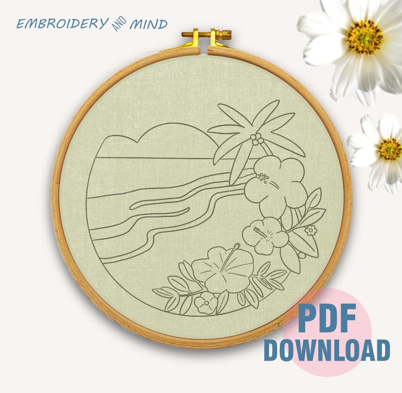 Printable Tropical Landscape Sea Ocean Hand Embroidery Pattern Summer ...