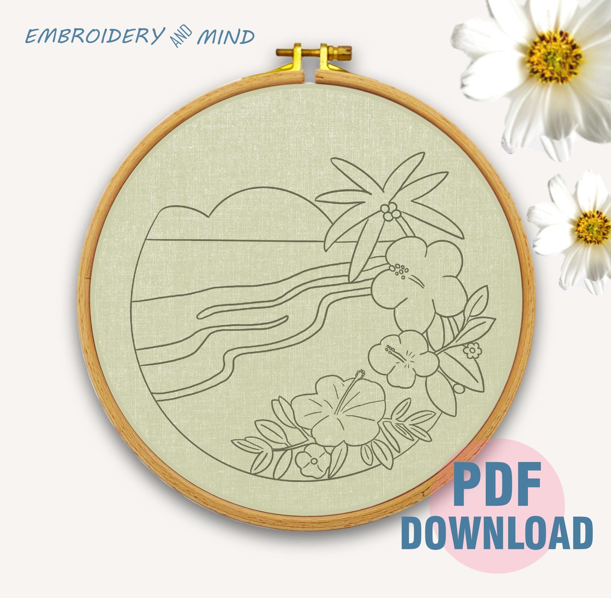 Printable Tropical Landscape Sea Ocean Hand Embroidery Pattern Summer ...
