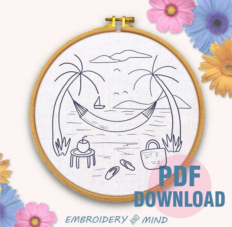 Printable Summer Hawaii Beach Hand Embroidery Pattern Designs Digital ...