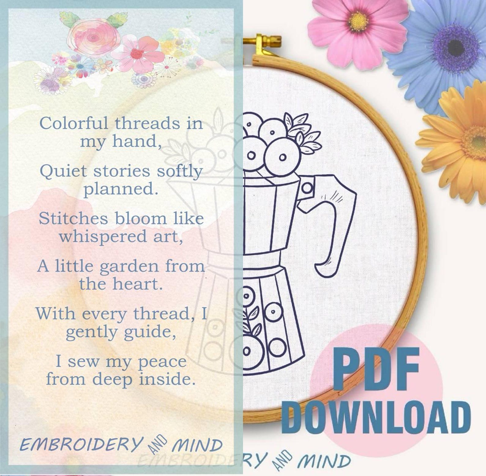 Printable Beautiful Moka Pot With Colorful Flowers Hand Embroidered PDF ...