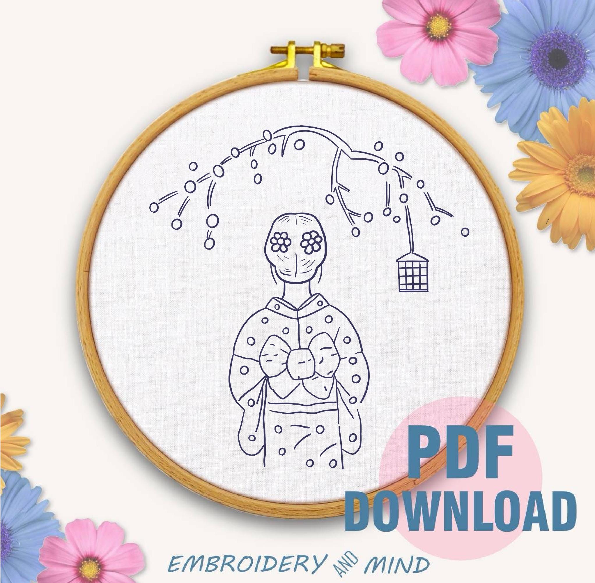 Hand Embroidery Pattern - Japanese Woman & Sakura | Digital Download ...