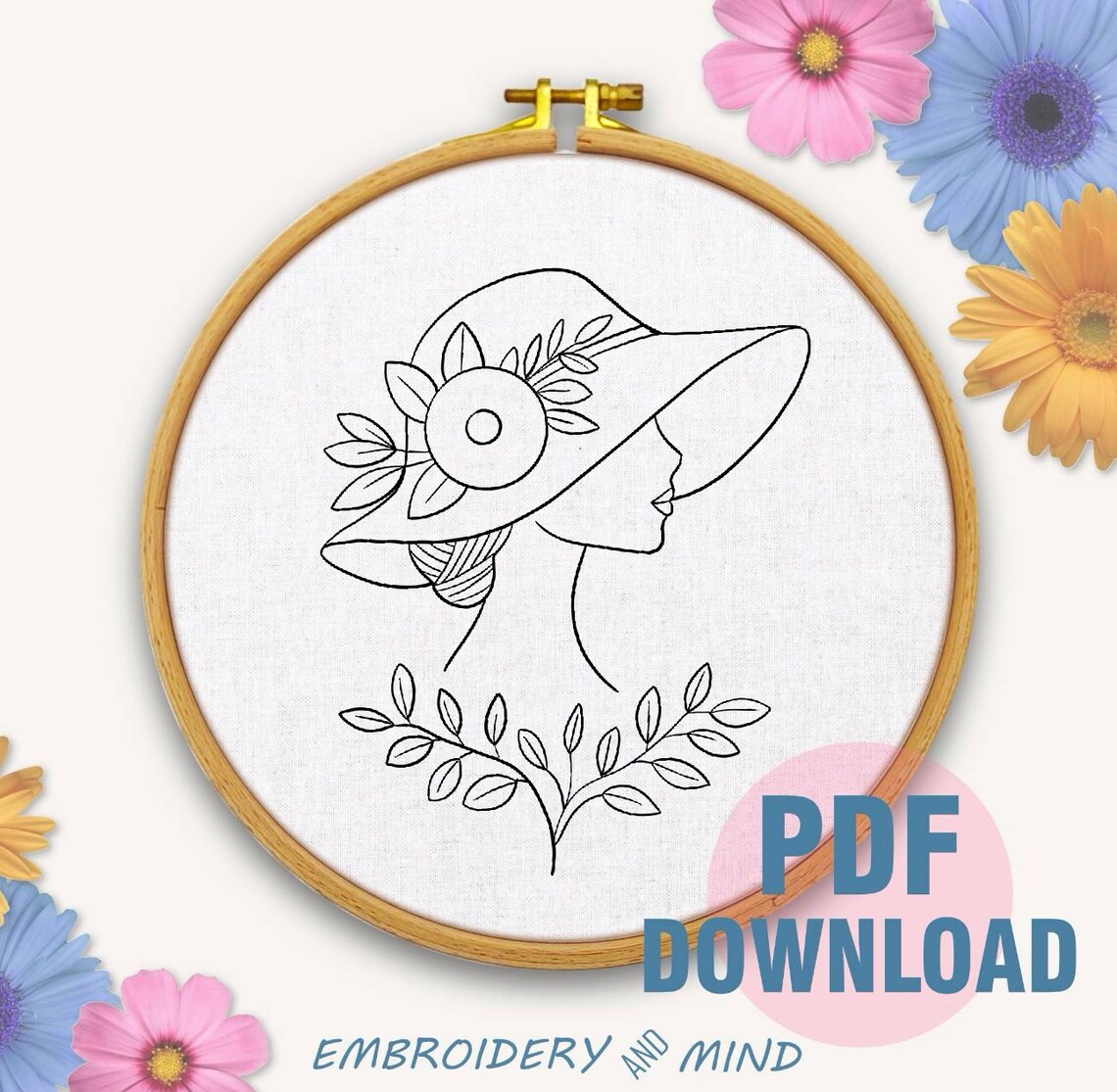 Beautyful Lady With Hat Hand Embroidery Pattern Digital Download, Easy ...