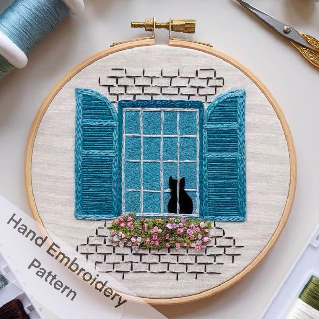 Printable Cat and Flowers on the Open Window Hand Embroidery Pattern ...