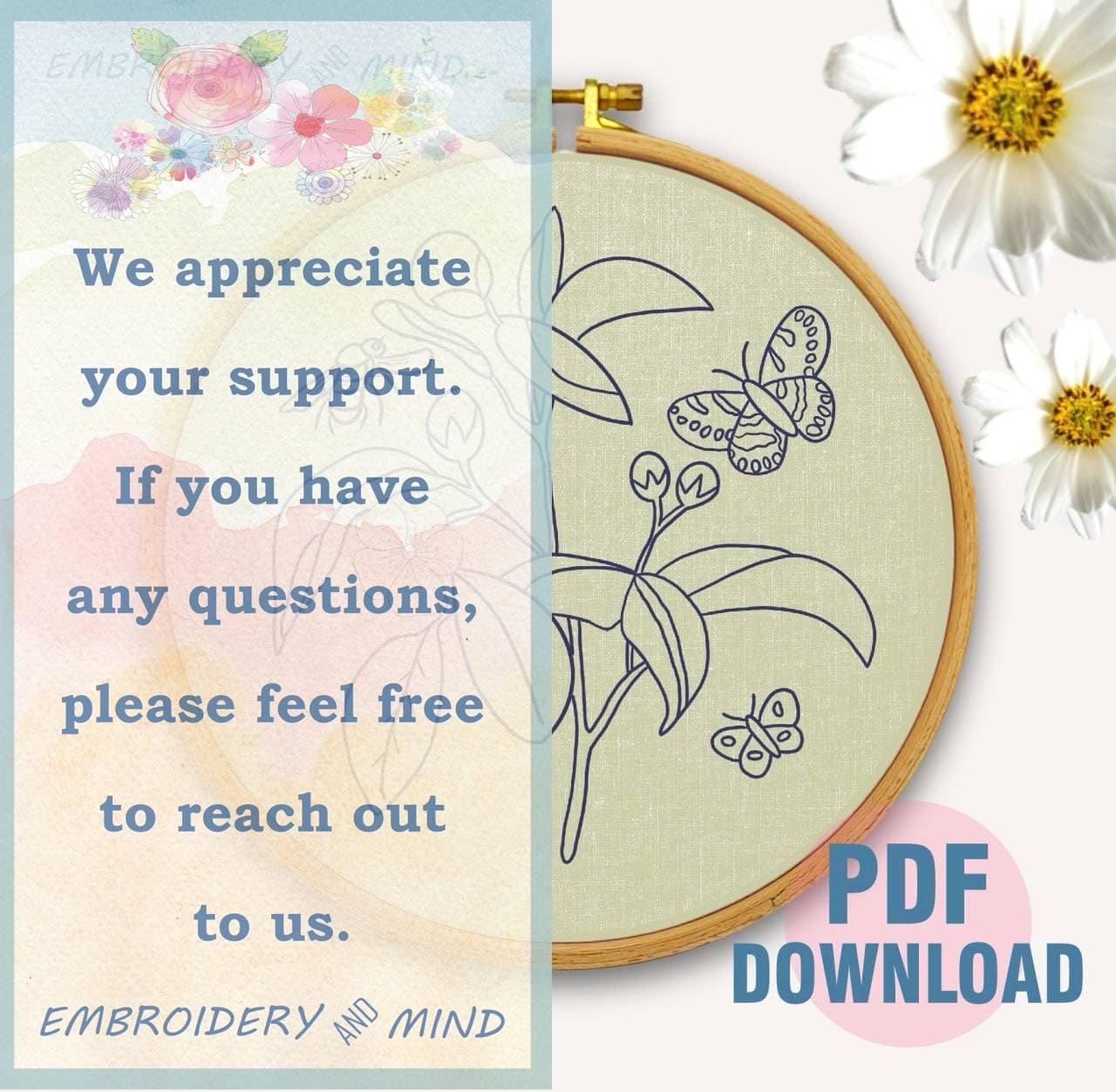 Printable Beautiful Flowers With Butterfly and Bee Hand Embroidery ...