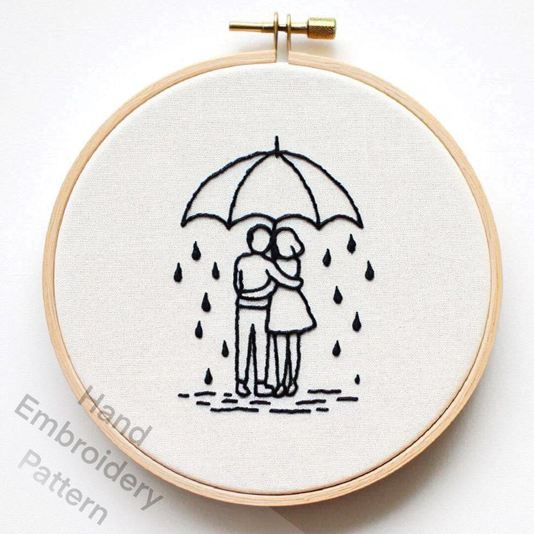 Printable Lover Under Umbellar Together on Rainy Day Hand Embroidery ...