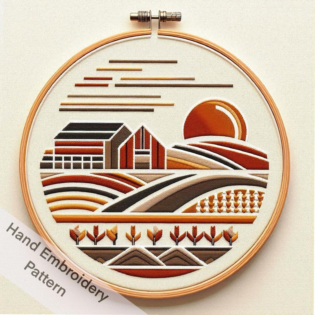 Landscape Embroidery Pattern, Abstract Fields and Flowers Hand ...