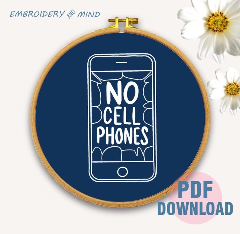 No Cell Phones Hand Embroidery Pattern, Modern Minimalist Design (PDF ...