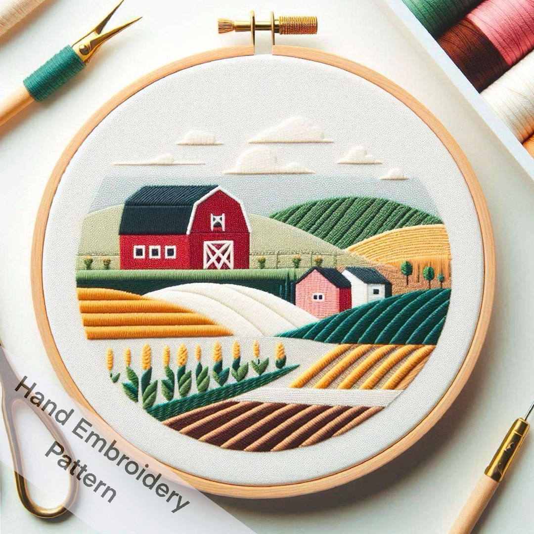 Landscape Embroidery Pattern, Abstract Fields and Flowers Hand ...