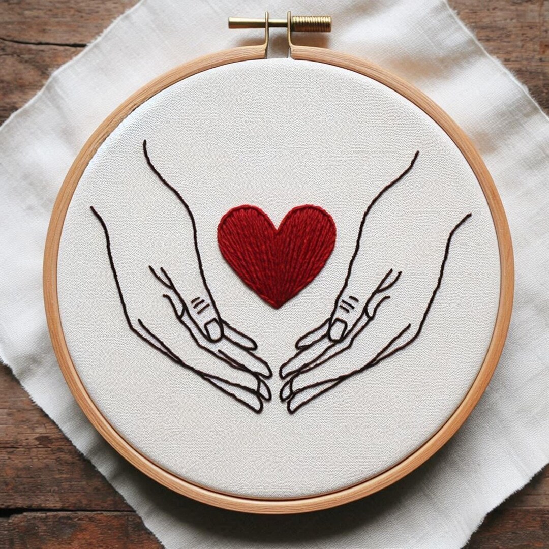 Printable Hand and Red Heart Embroidery Pattern Designs Digital ...