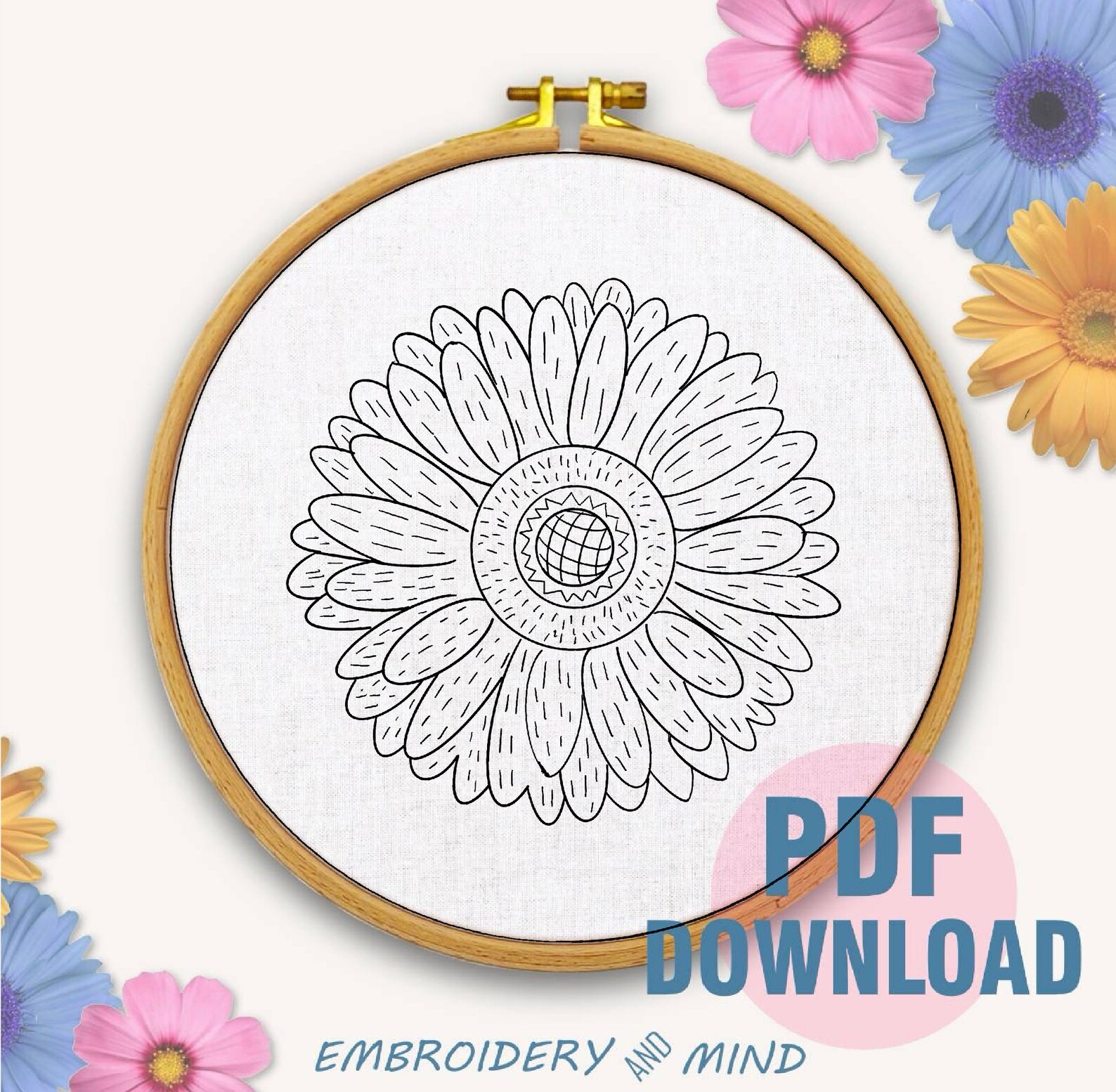 Flower Embroidery Design, Pink Flower Hand Embroidery Pattern Digital ...