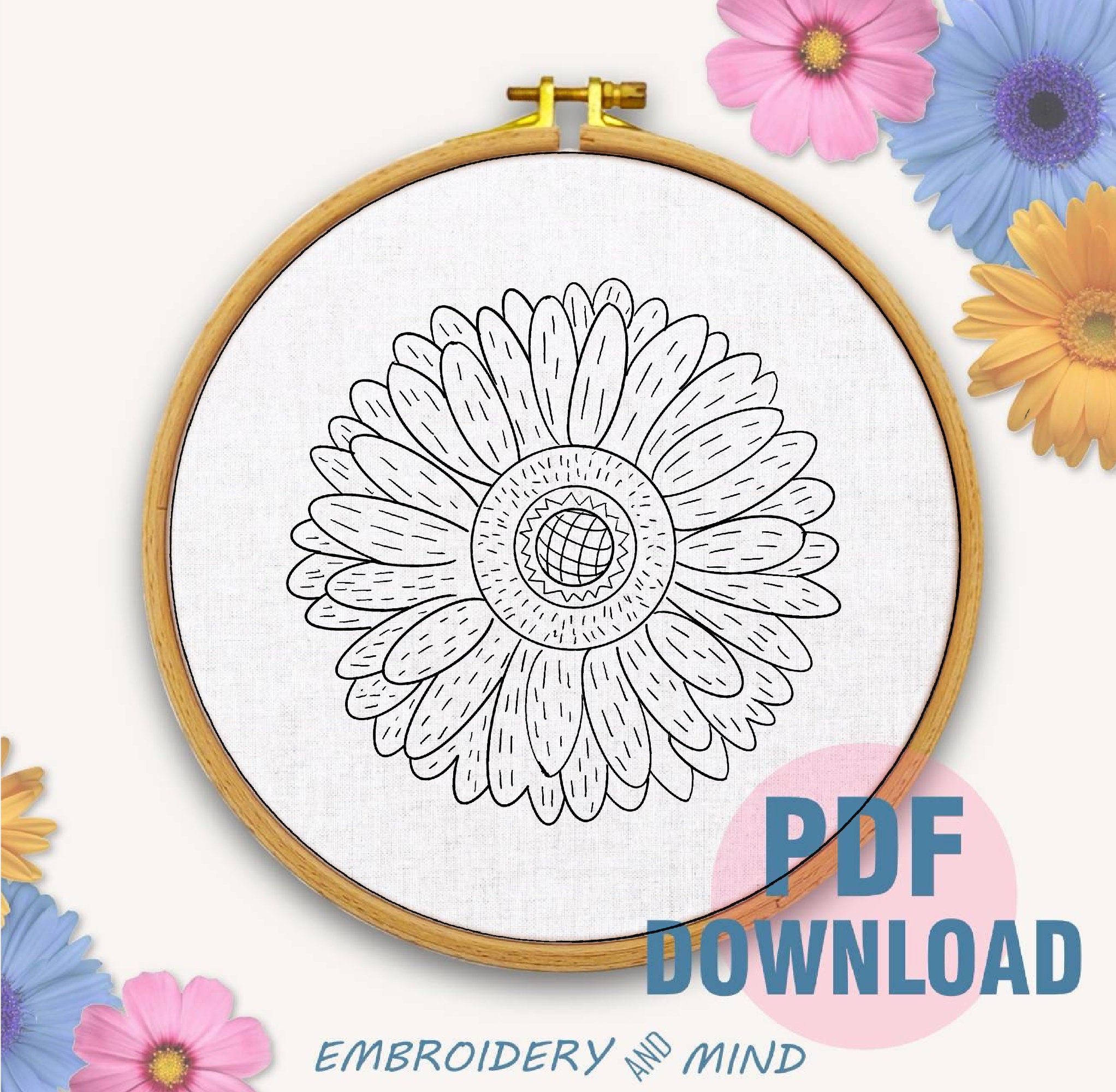 Flower Embroidery Design, Pink Flower Hand Embroidery Pattern Digital ...
