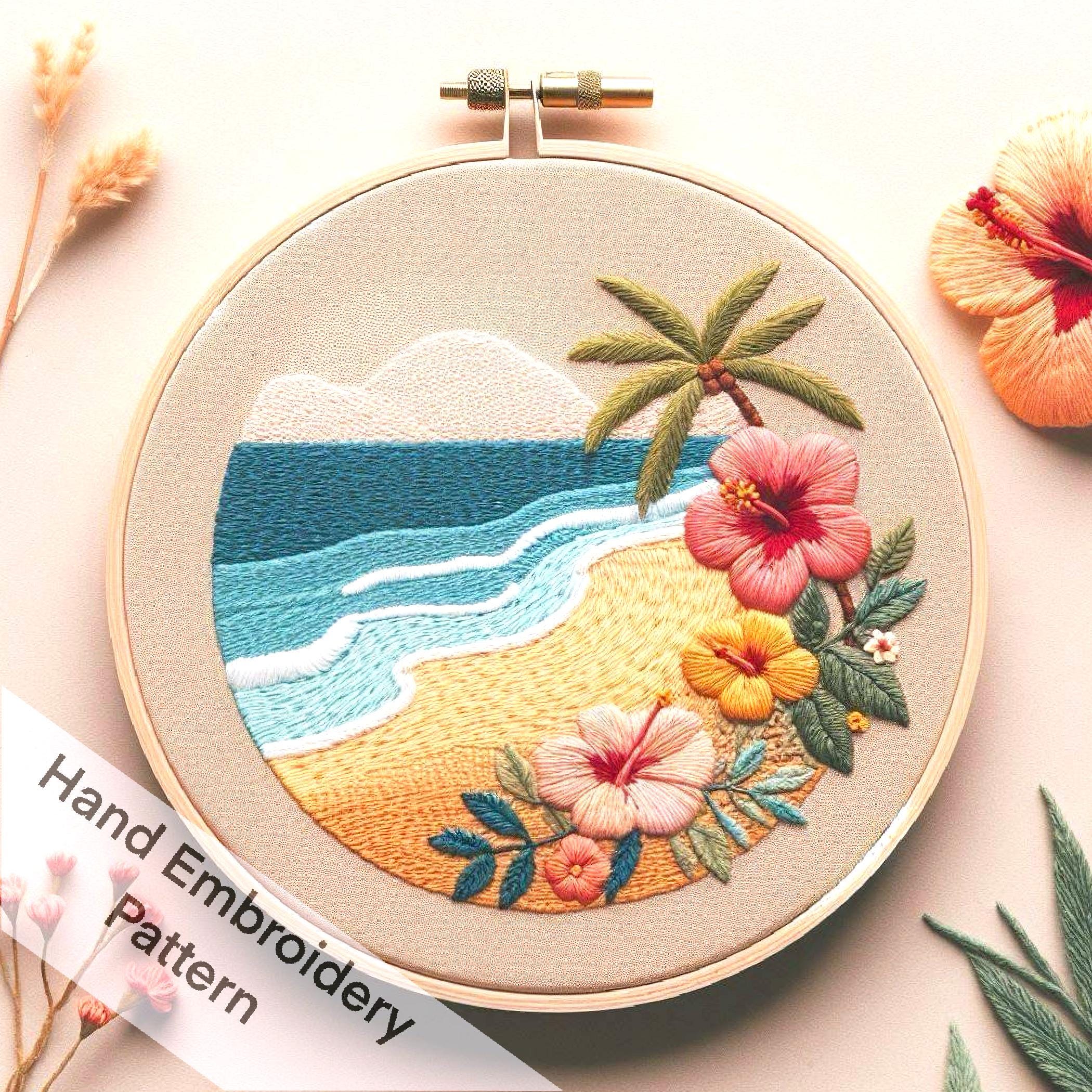Printable Tropical Landscape Sea Ocean Hand Embroidery Pattern Summer ...