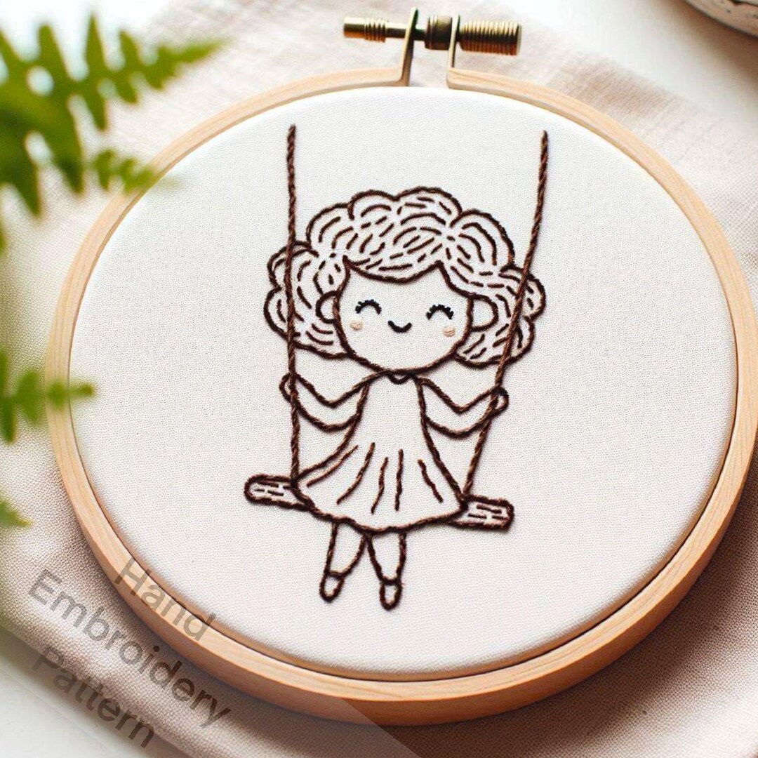 Printable Happy Girl Sitting on a Swing Hand Embroidery Pattern Digital ...