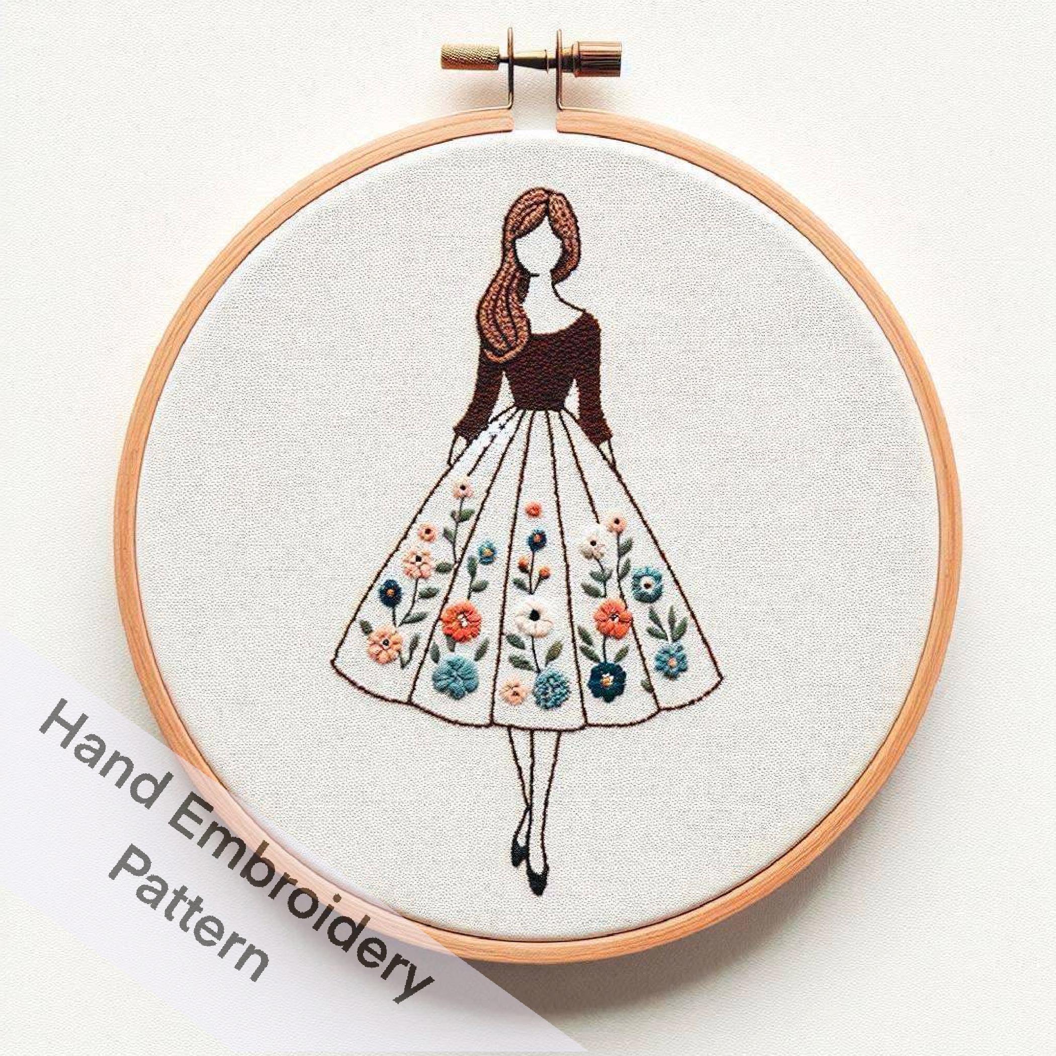 Young Lady With Elegant Dress With Flowers Hand Embroidery Pattern ...
