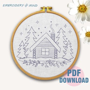 Cozy Winter Cabin With Christmas Tree Hand Embroidery Design PDF Patterns Instant Download ...