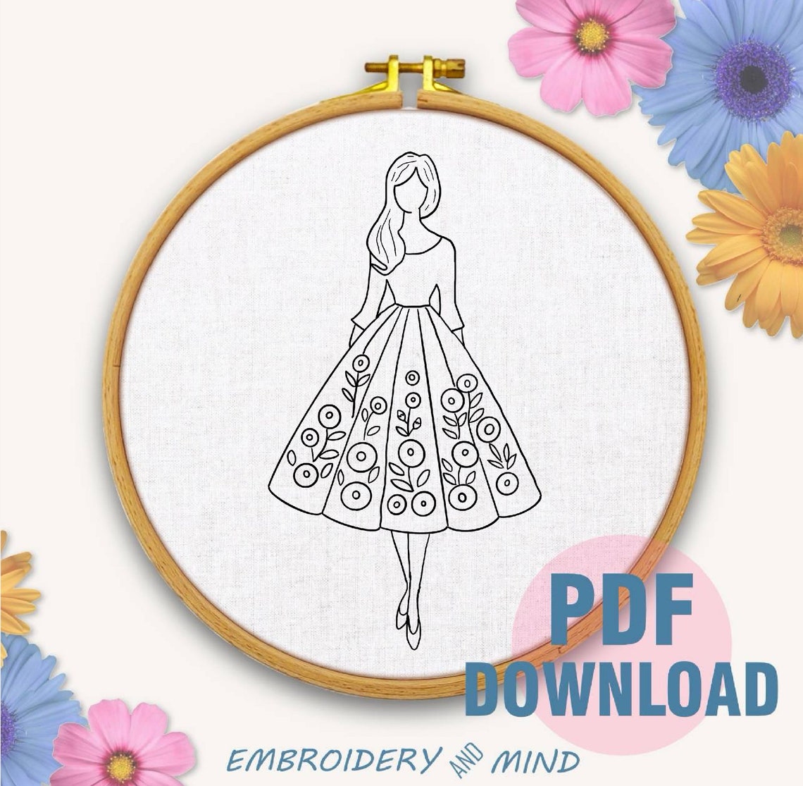 Young Lady With Elegant Dress With Flowers Hand Embroidery Pattern ...