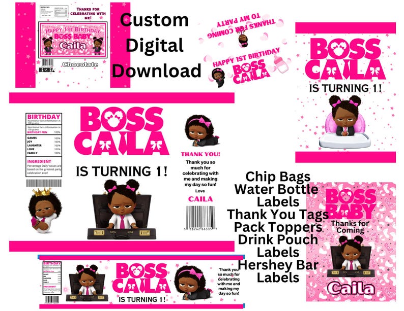 Afro Girl Boss Party Favor Labels: Custom Chip Bag & Water Bottle ...