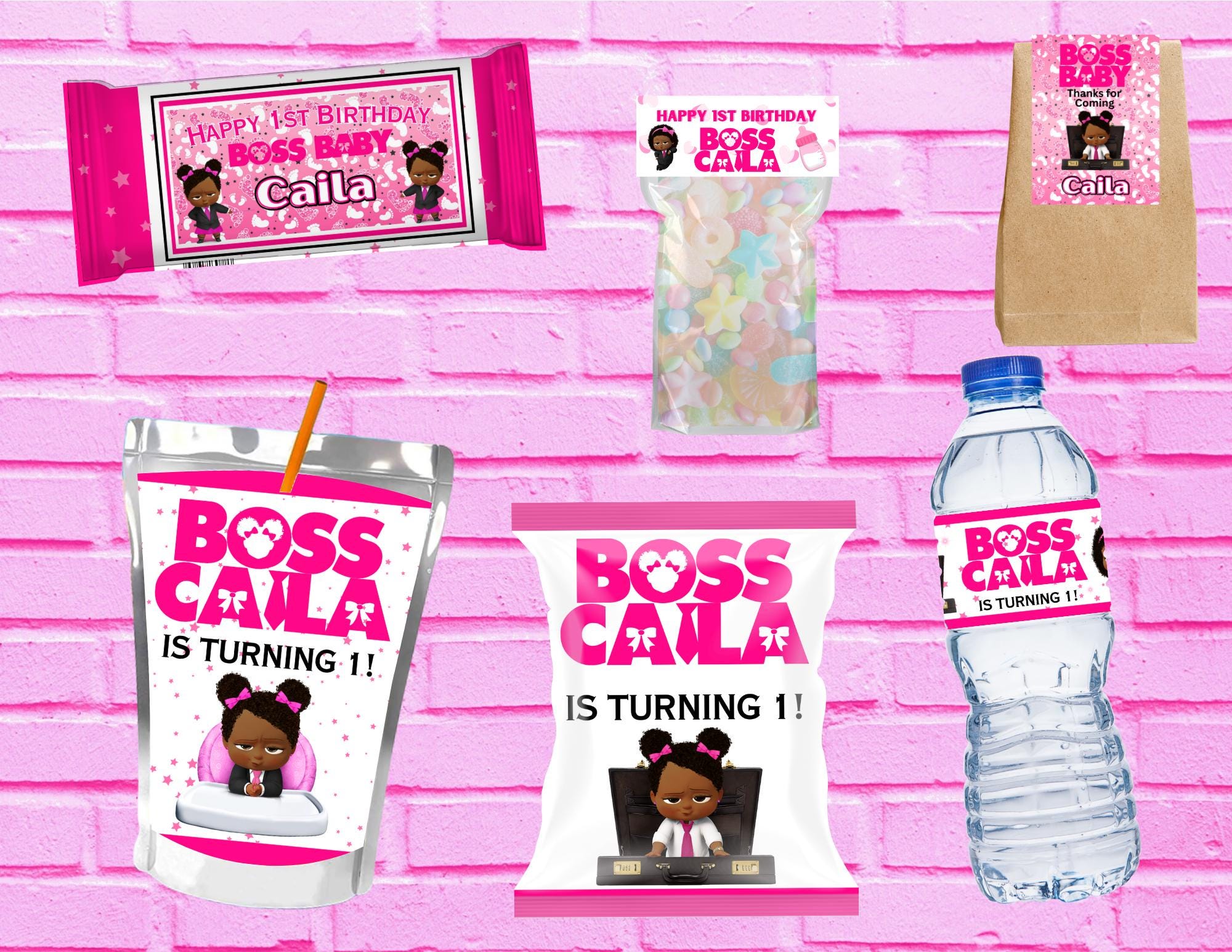 Afro Girl Boss Party Favor Labels: Custom Chip Bag & Water Bottle ...