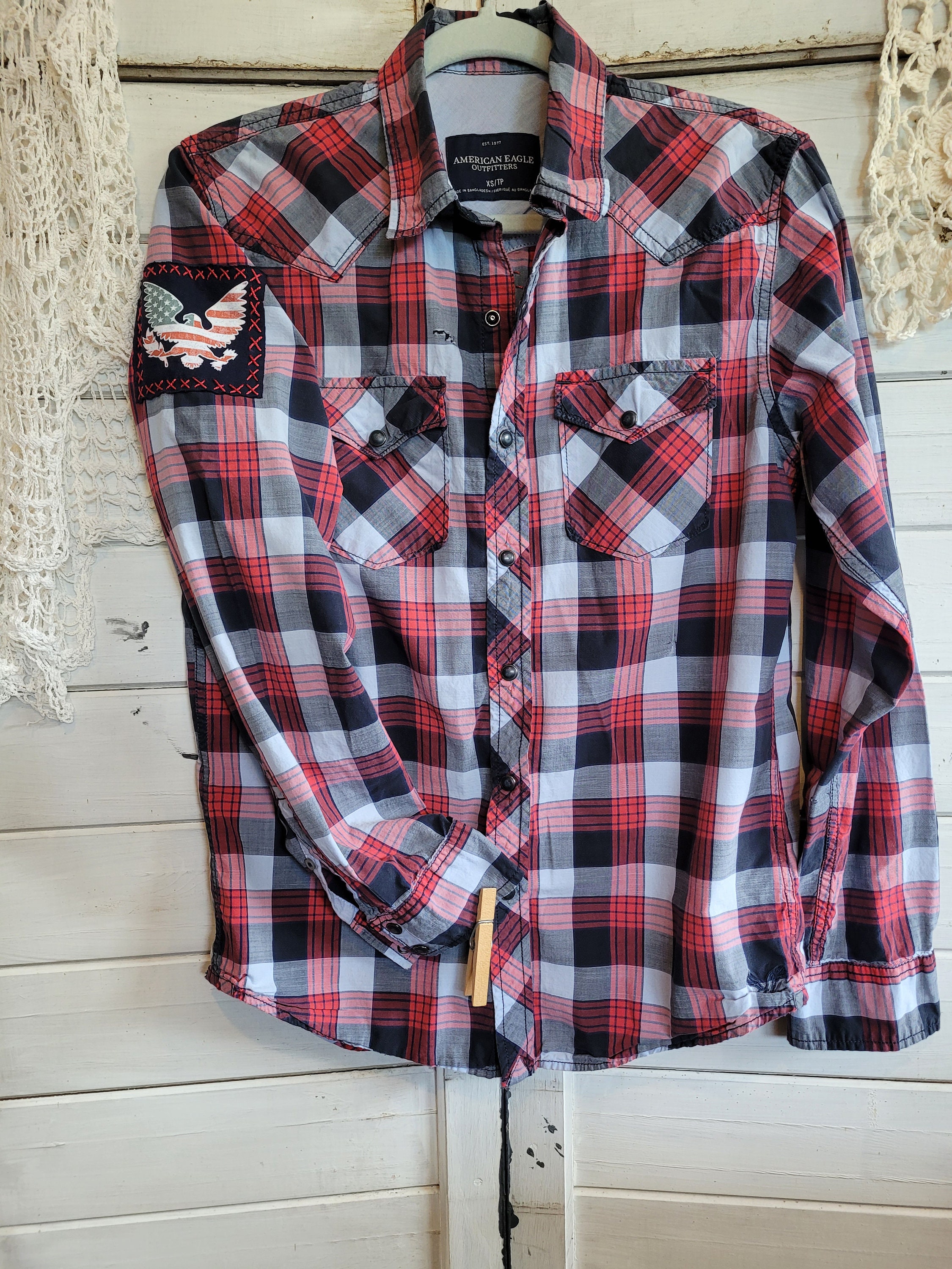 American Eagle Upcycle Red Blue Lincoln Plaid Button Up, Size XS - Etsy