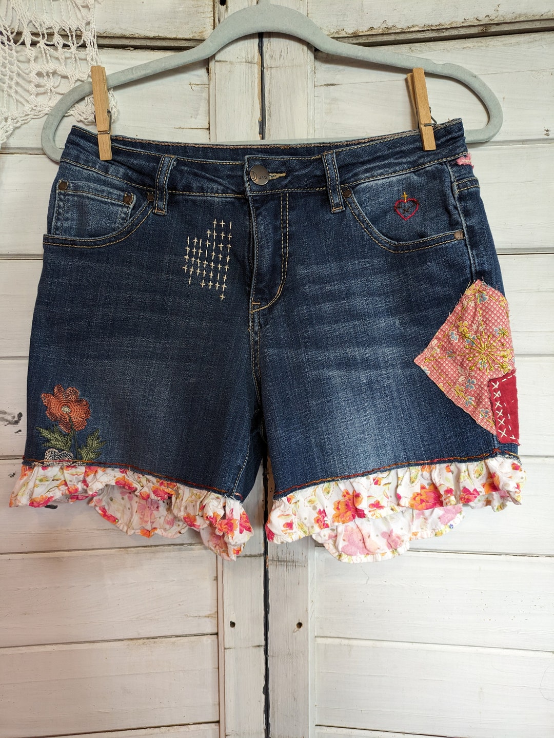 Rosy Floral Ruffled Denim Upcycled Shorts With Sashiko - Size 8 - Etsy