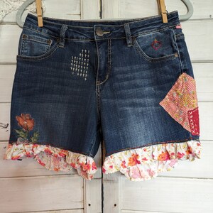 Rosy Floral Ruffled Denim Upcycled Shorts With Sashiko Size 8 - Etsy