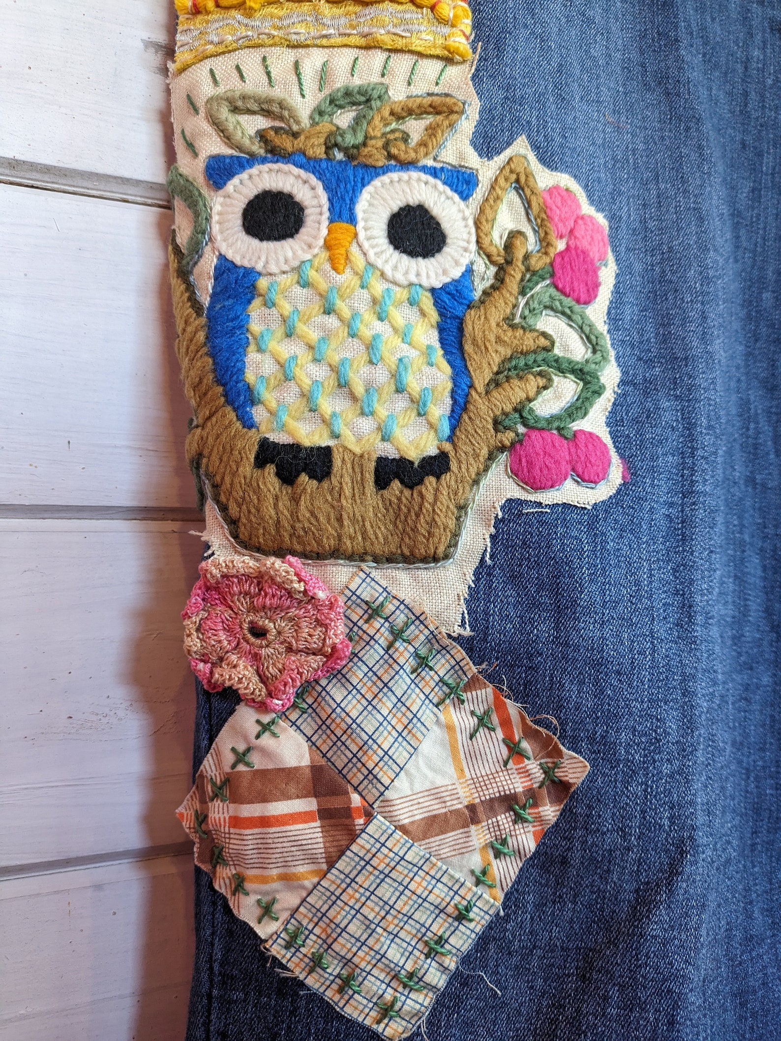 Women's Flowers and Owl Denim Upcycle Jeans Size 16 - Etsy
