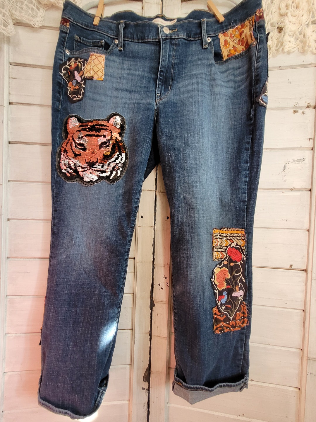 Levi's Bengal Tiger and Floral Upcycle Jeans, Size 18W - Etsy