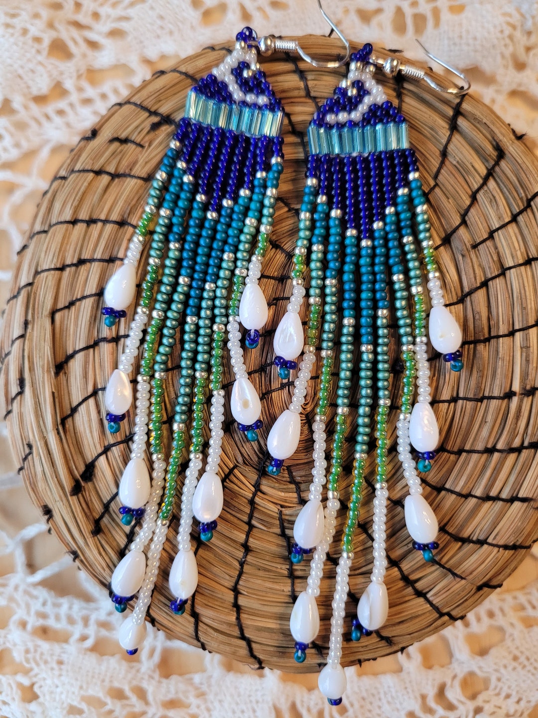 Hand-beaded Lake Huron Inspired Czech Glass and Shell Earrings - Etsy