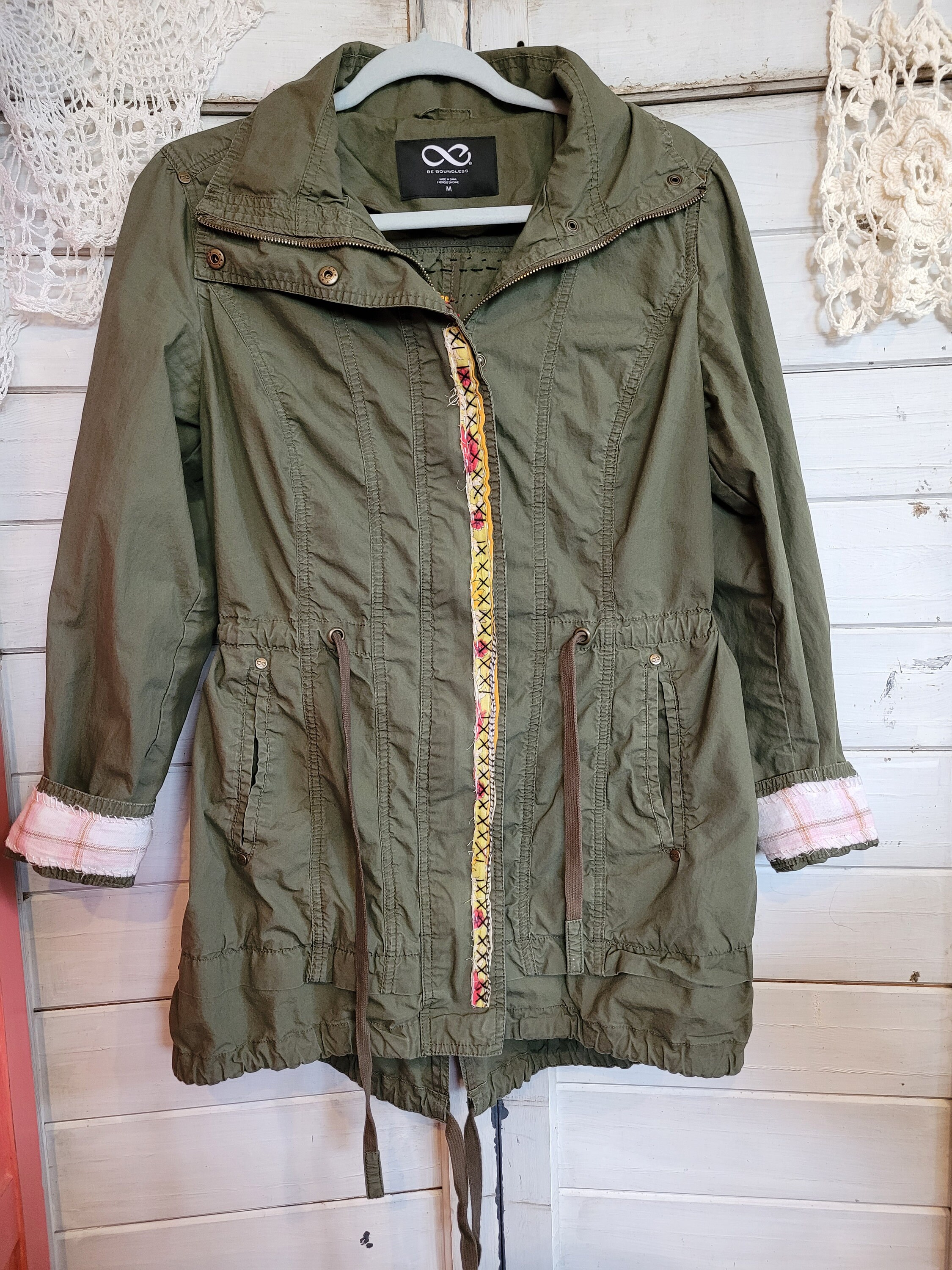 Army Green Lightweight Floral Upcycle Cinch Waist Jacket, Size Medium ...