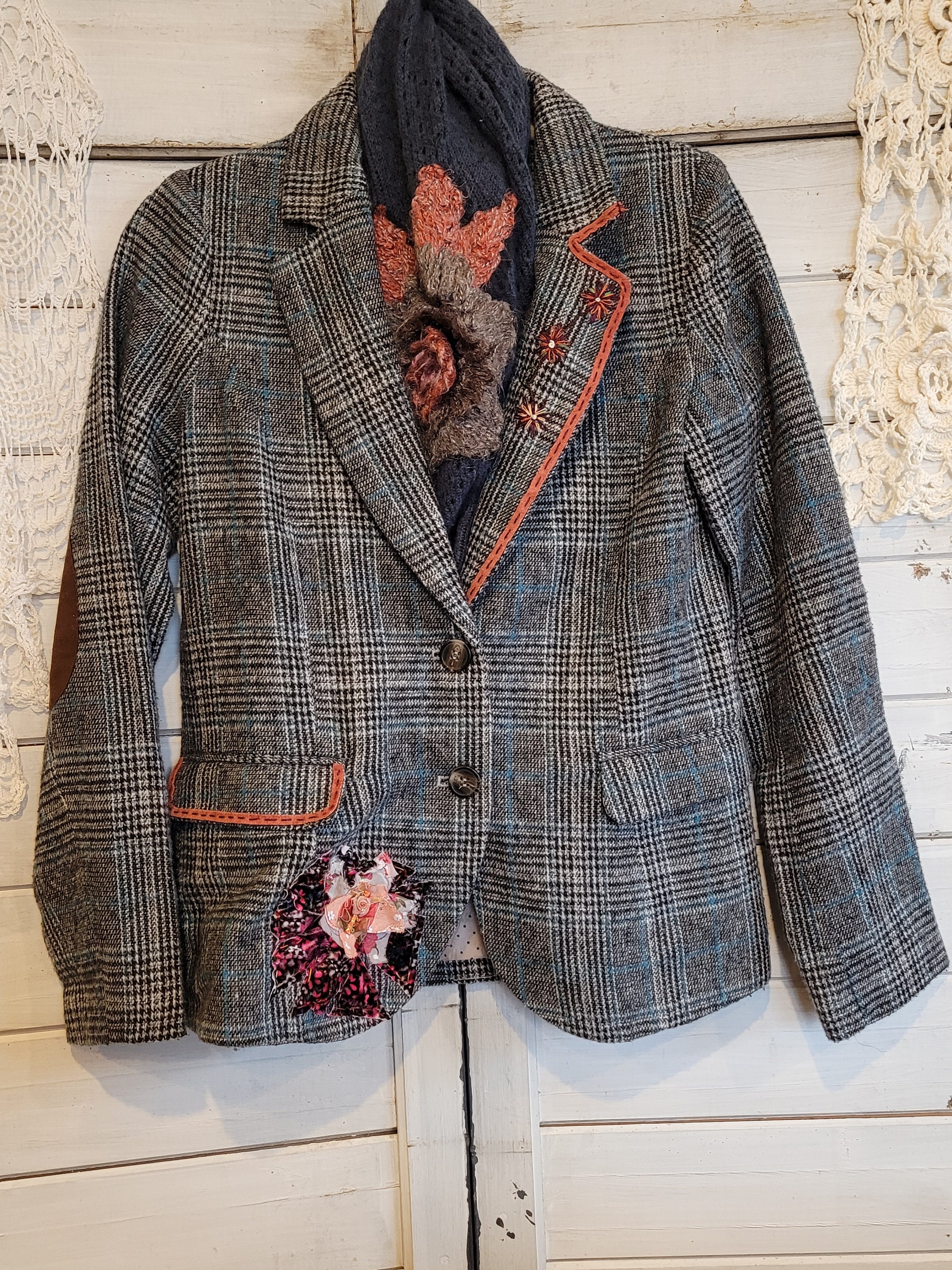 Blue Wool Plaid Jacket With Coordinating Scarf Upcycle - Etsy