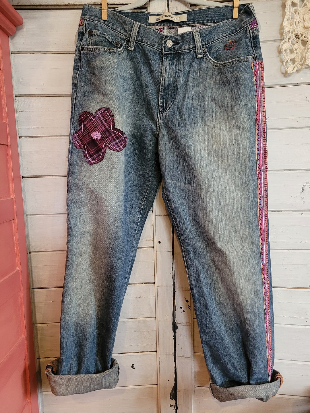 GAP Purple Flower Boyfriend Upcycle Jeans, Size 33x32 - Etsy