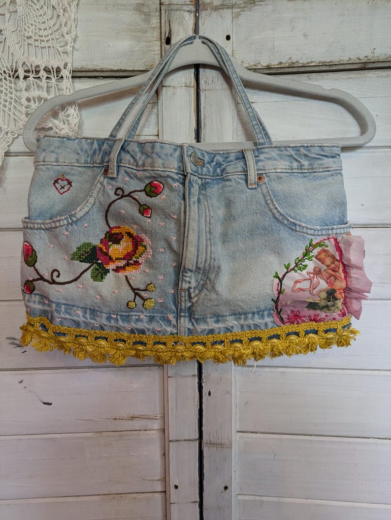 Embroidered Pink Rose Angel Upcycle Purse / Handbag - Etsy