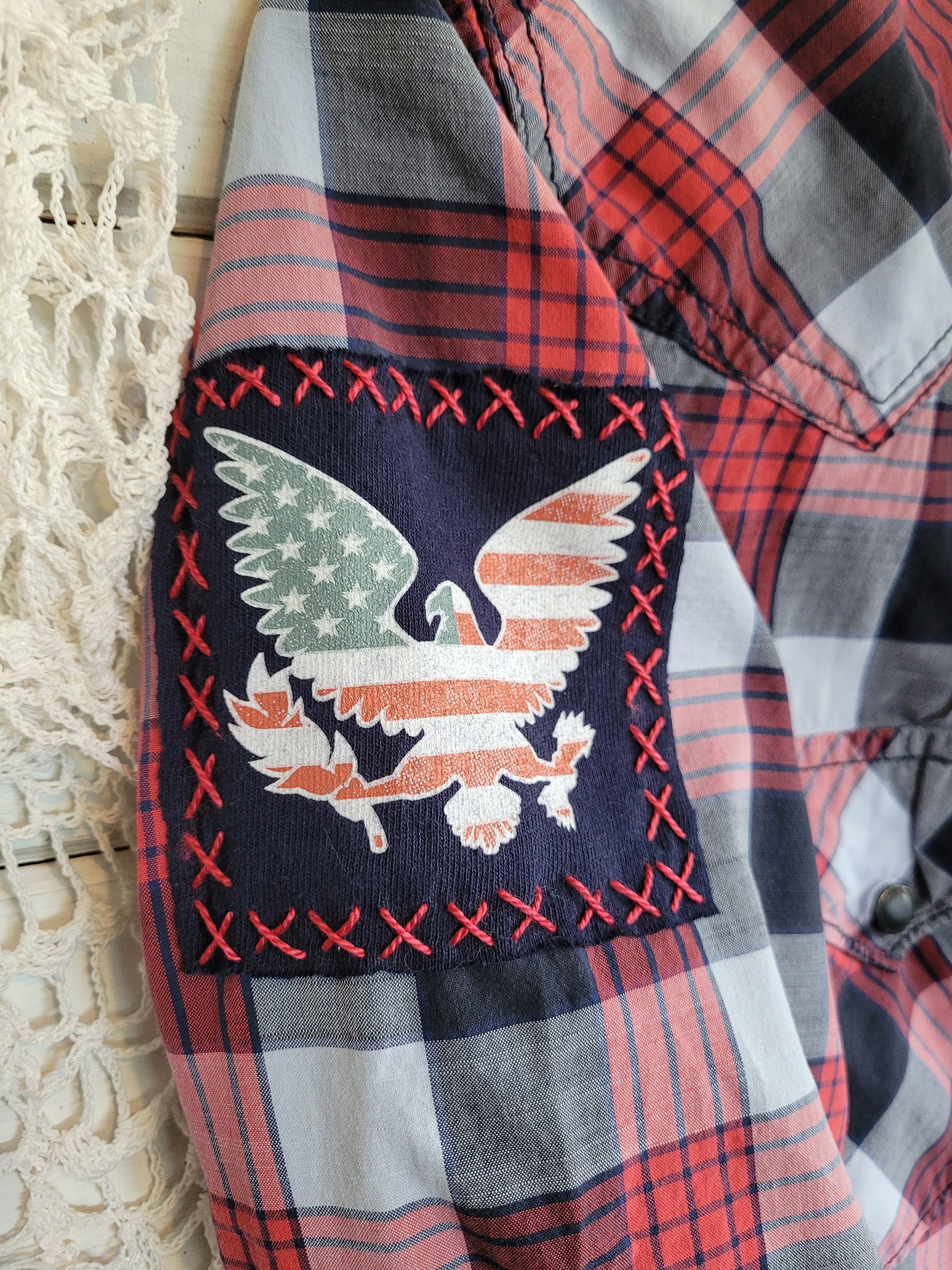 American Eagle Upcycle Red Blue Lincoln Plaid Button Up, Size XS - Etsy