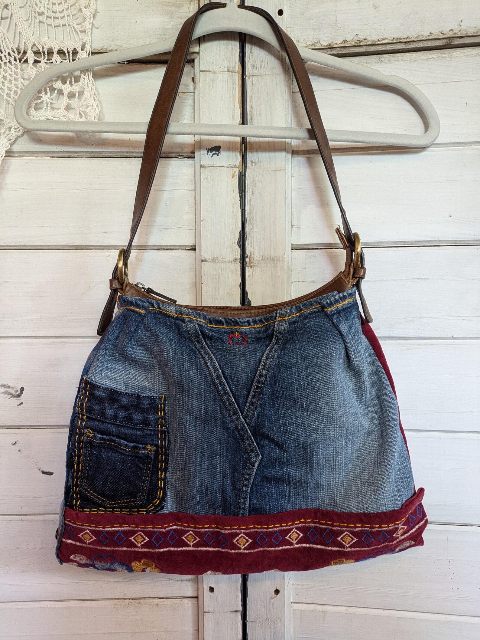 Embroidered Red Velvet and Denim Upcycle Purse - Etsy