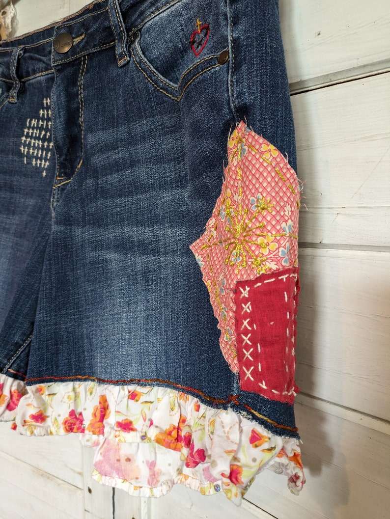 Rosy Floral Ruffled Denim Upcycled Shorts With Sashiko Size 8 - Etsy
