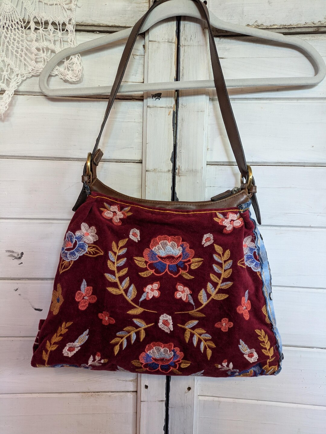 Embroidered Red Velvet and Denim Upcycle Purse - Etsy