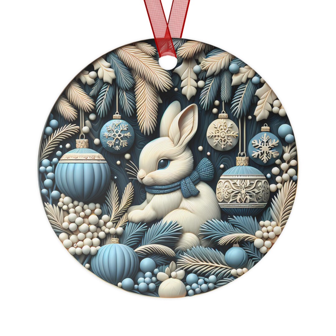 Winter Bunny Metal Ornament | Christmas Rabbit Bauble, Blue Vintage ...