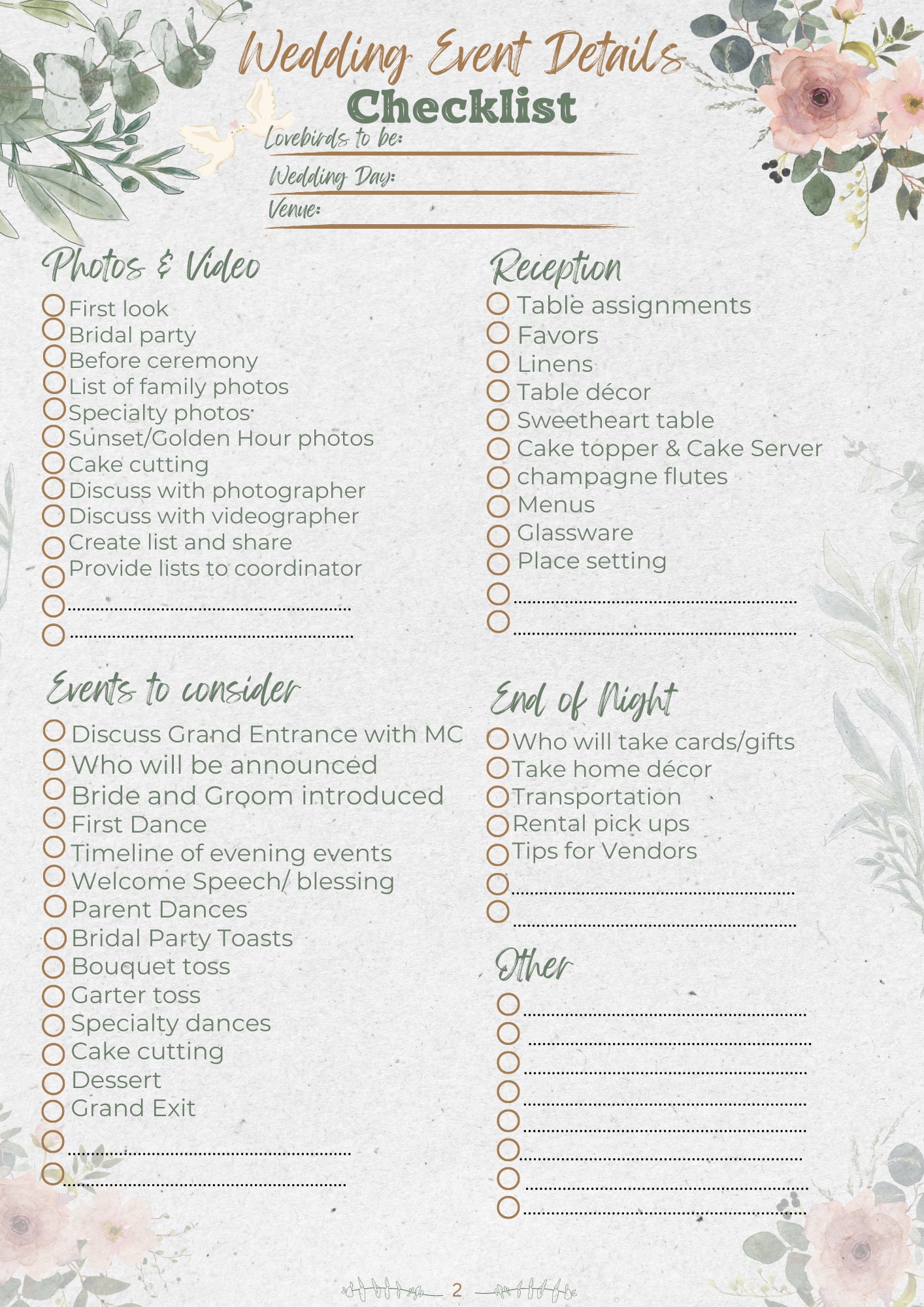 Wedding Event Details Checklist for the Bride-to-be - Etsy