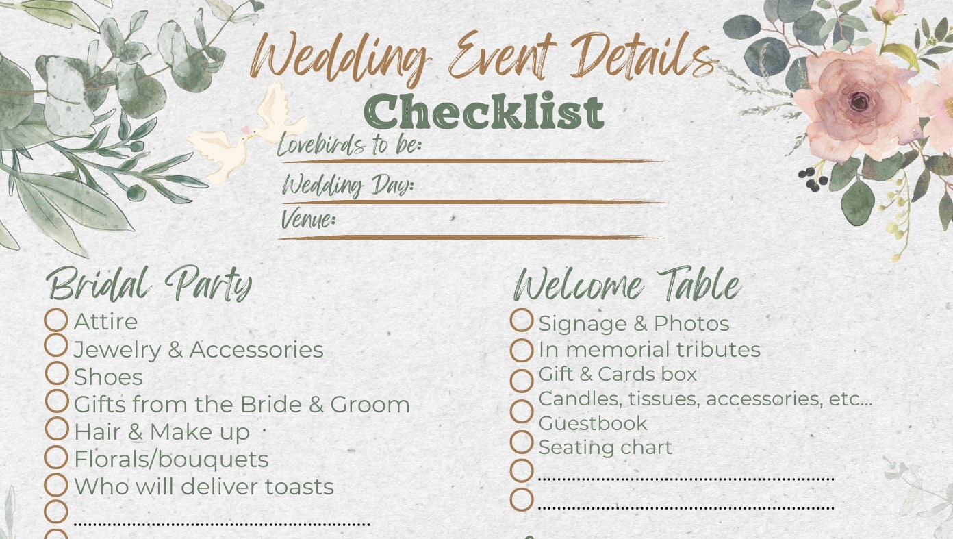 Wedding Event Details Checklist for the Bride-to-be - Etsy
