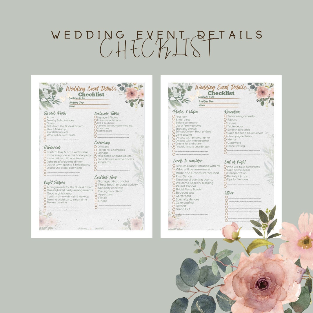 Wedding Event Details Checklist for the Bride-to-be - Etsy