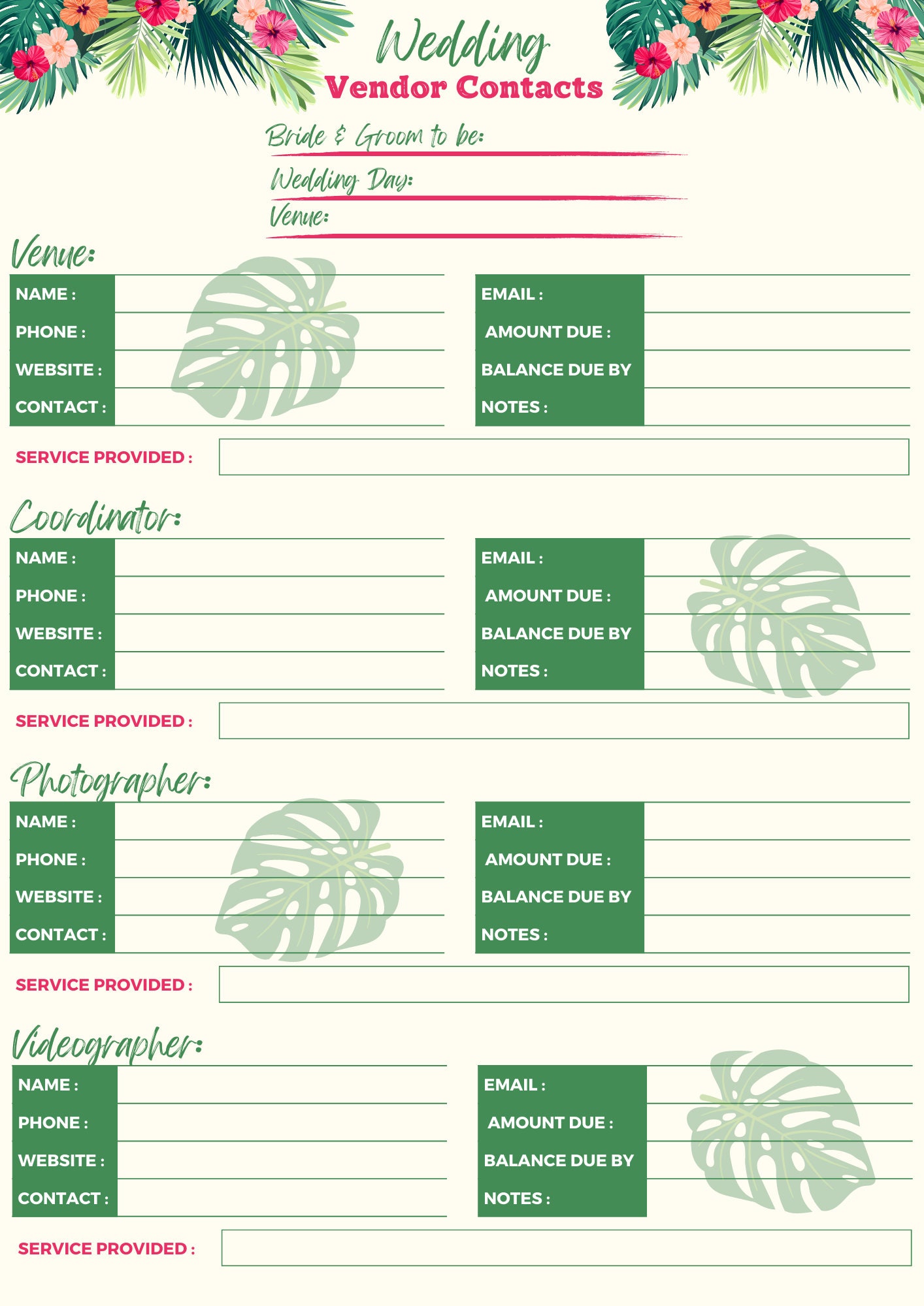 Wedding Vendor Contact List Canva Template - Etsy