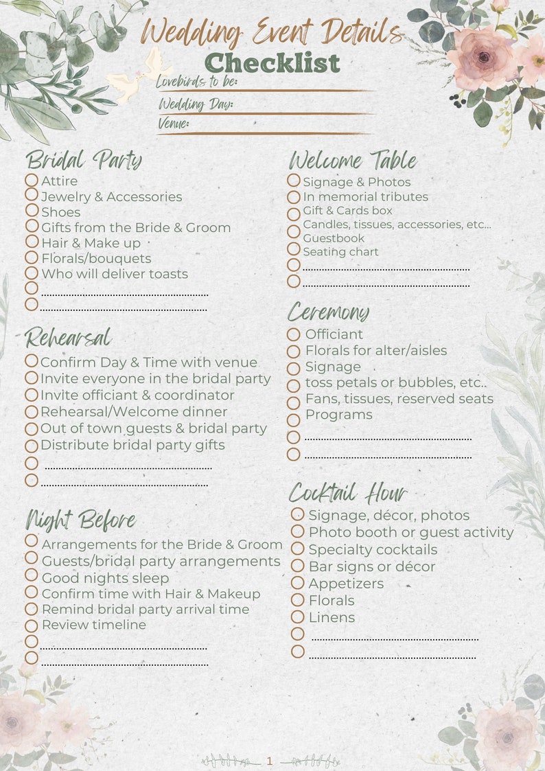 Wedding Event Details Checklist for the Bride-to-be - Etsy