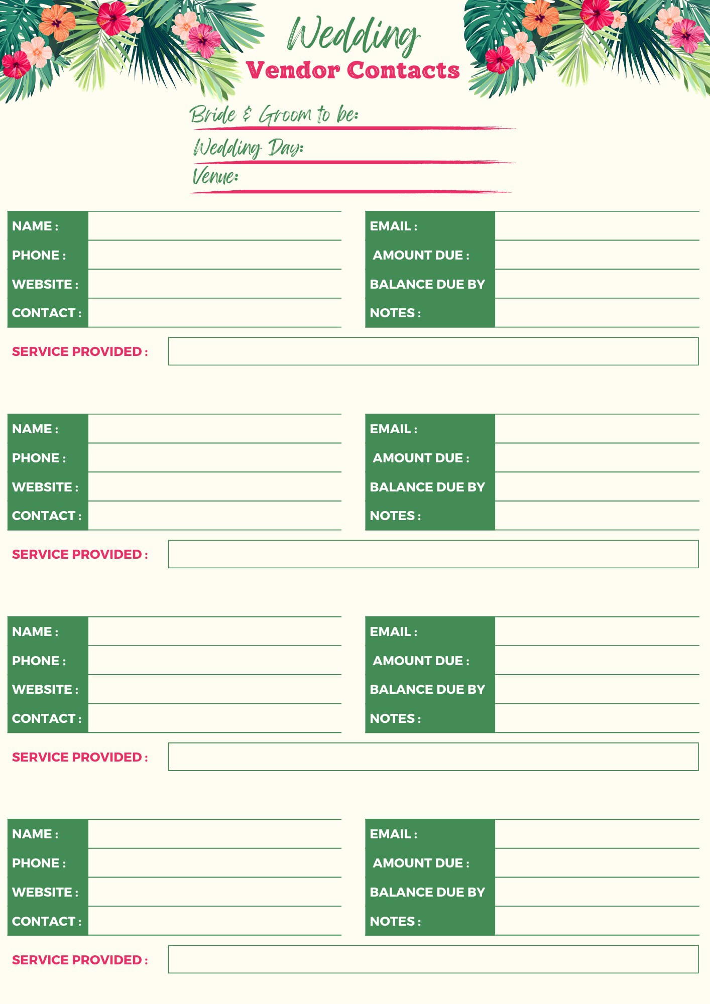 Wedding Vendor Contact List Canva Template - Etsy